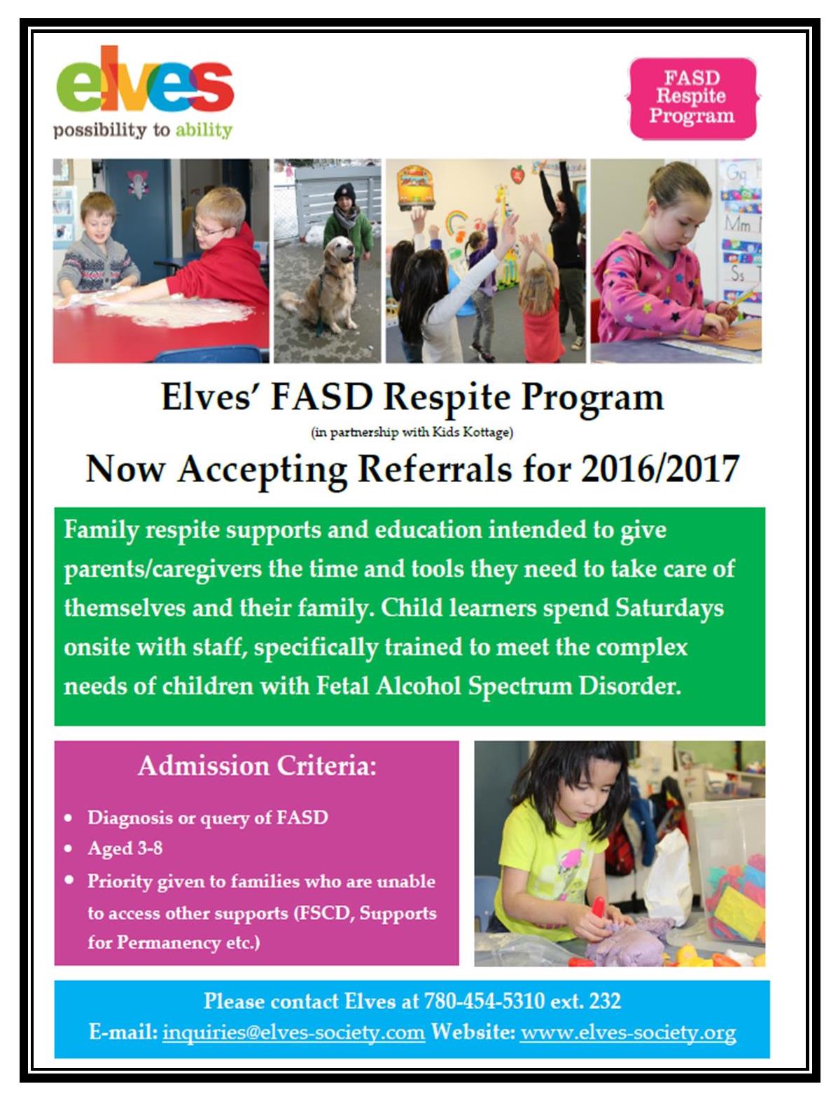 Elves’ FASD Respite Program Referral Poster